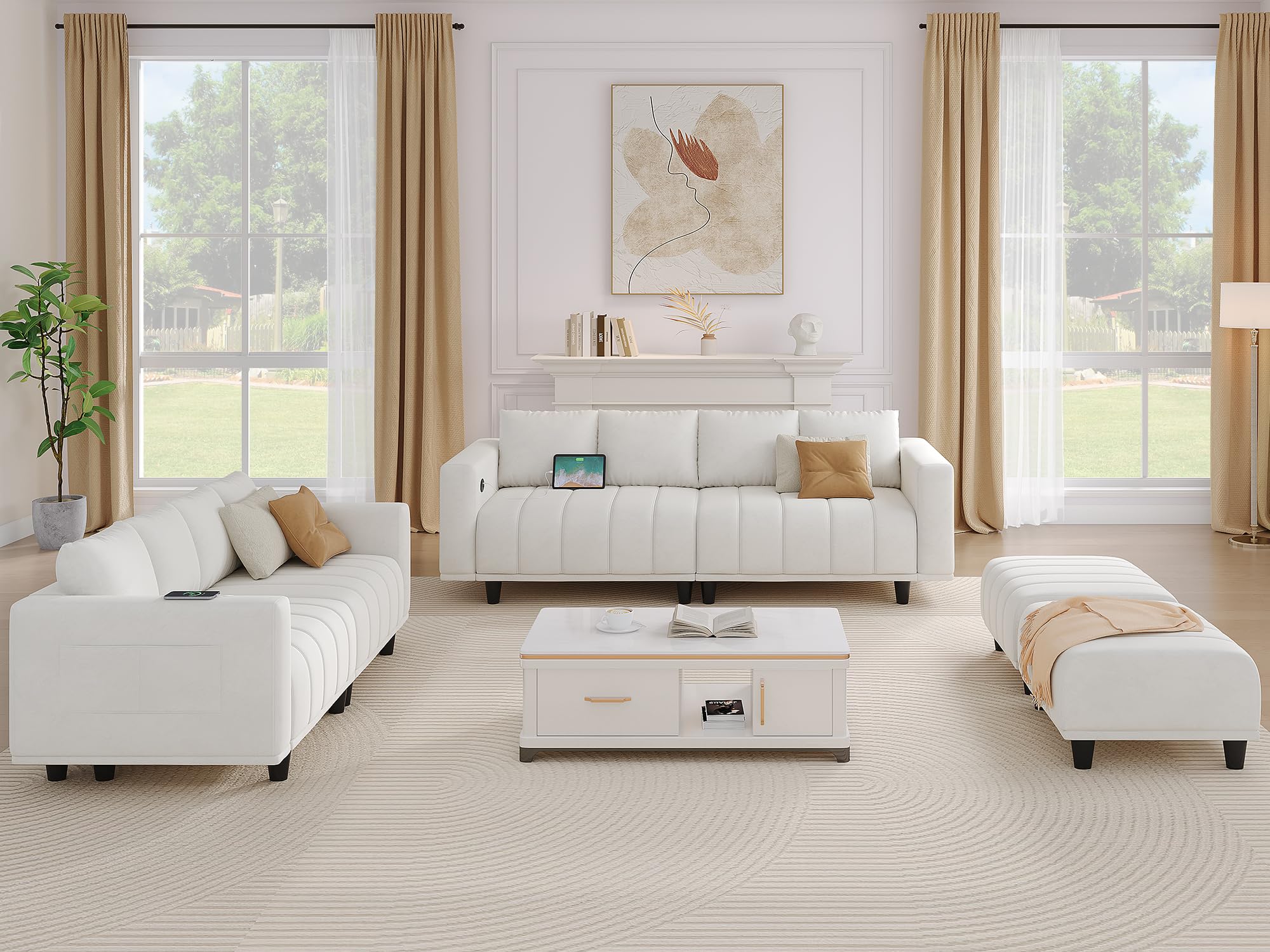 YITAHOME Cloud Couch Sectional Sofa with Ottoman, L Shaped Couch Velvet Comfy Modern 2 Seat Loveseat Sofa Convertible with USB & Type-C Ports for Living Room Apartment, Beige