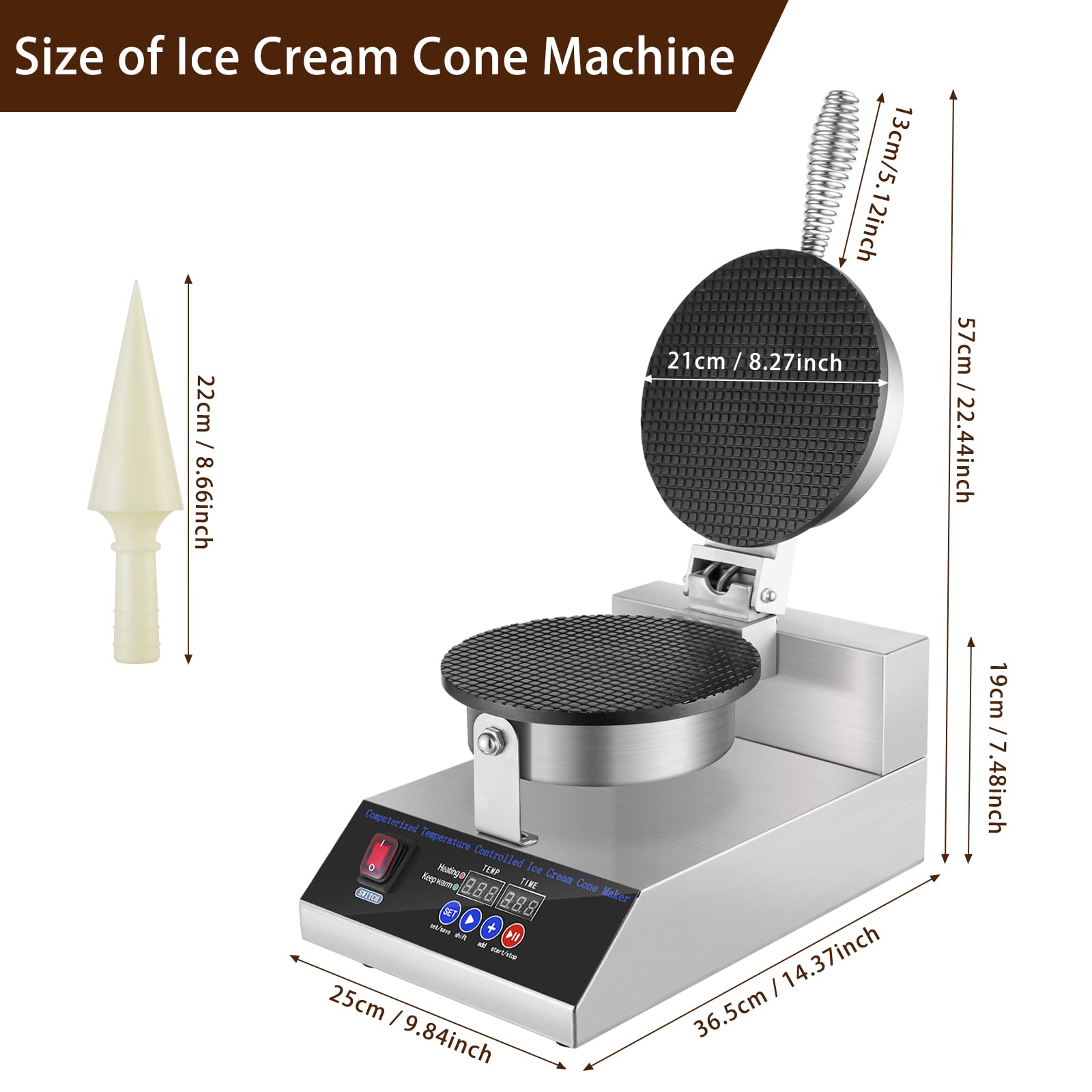S2SQURE Commercial Ice Cream Cone Maker Waffle, Waffle Cone Iron, non-stick panel, stainless steel structure, high power 1200W, suitable for hotels, restaurants, snack bars, Ice Cream Shop
