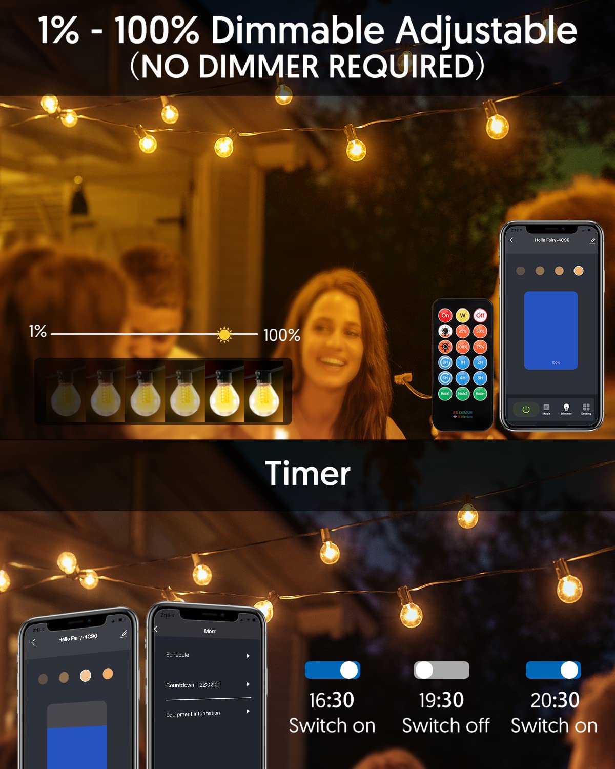 Outdoor String Lights with Dimmer App Control, 50Ft Patio Lights Waterproof Shatterproof G40 Globe 25 Led Bulbs 2000K, Connectable Christmas Hanging Light Timer Remote for Indoor Outside Porch Party