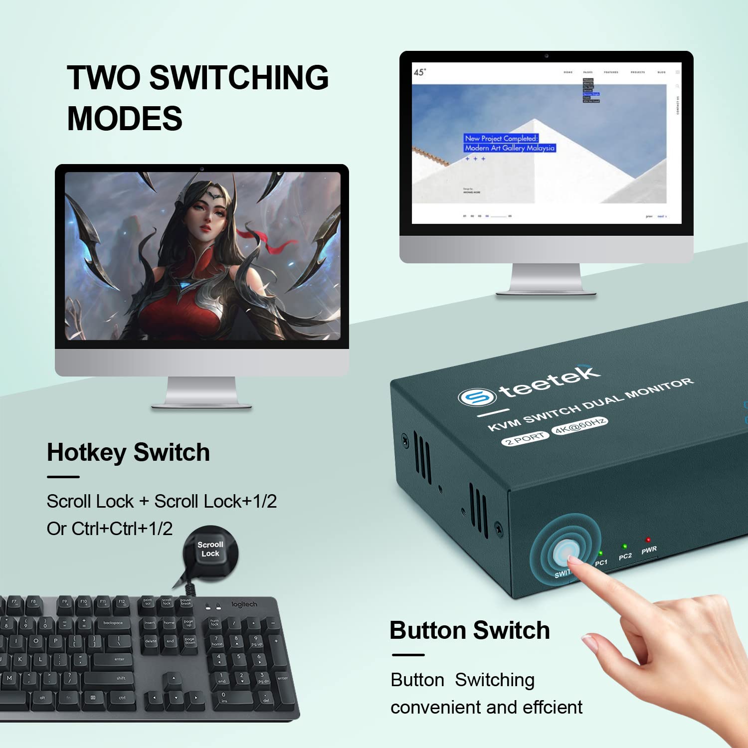 Steetek Dual Monitor KVM Switch HDMI 2 Port, KVM Switch 2 Monitors 2 Computers 4K@60Hz (YUV4:4:4), HDMI KVM Switch 2 in 2 Out, Button Switch and Hotkey Switch, with 4 HDMI and 2 USB Cable