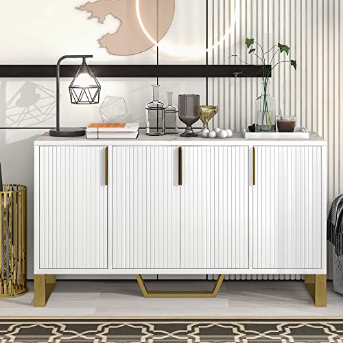 XD Designs Modern Luxury 60'' Large Storage Cabinet with Gold Metal Handles & Legs, Kitchen Buffet Cabinet Console Entryway Table with Adjustable Shelves for Living Room Kitchen (White-F)