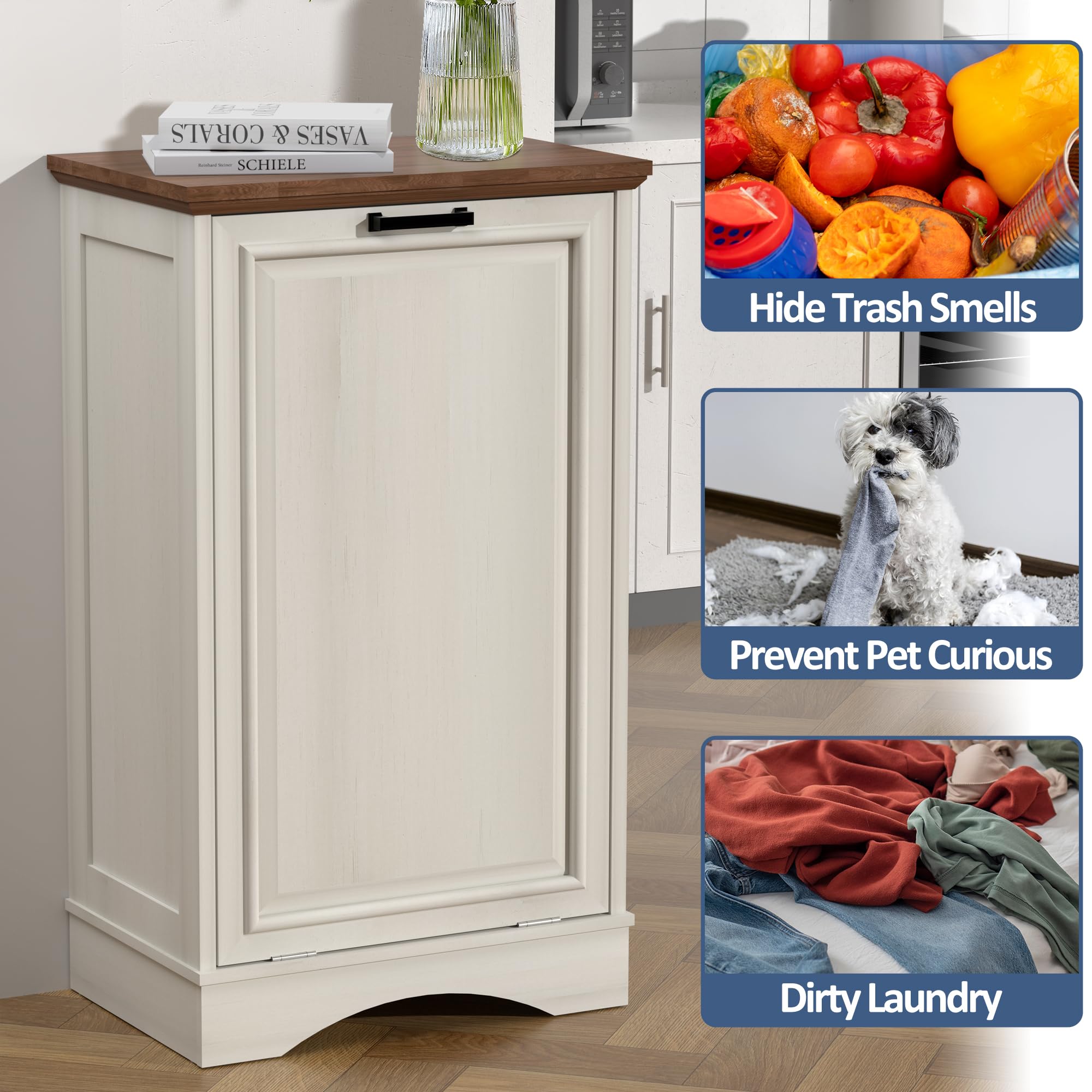 Spurgehom 13 Gallon Tilt Out Trash Cabinet Kitchen Waste Bins, Tilt-Out Laundry Sorter Cabinet with Deodorizing Function for Kitchen Living Room, Antique White