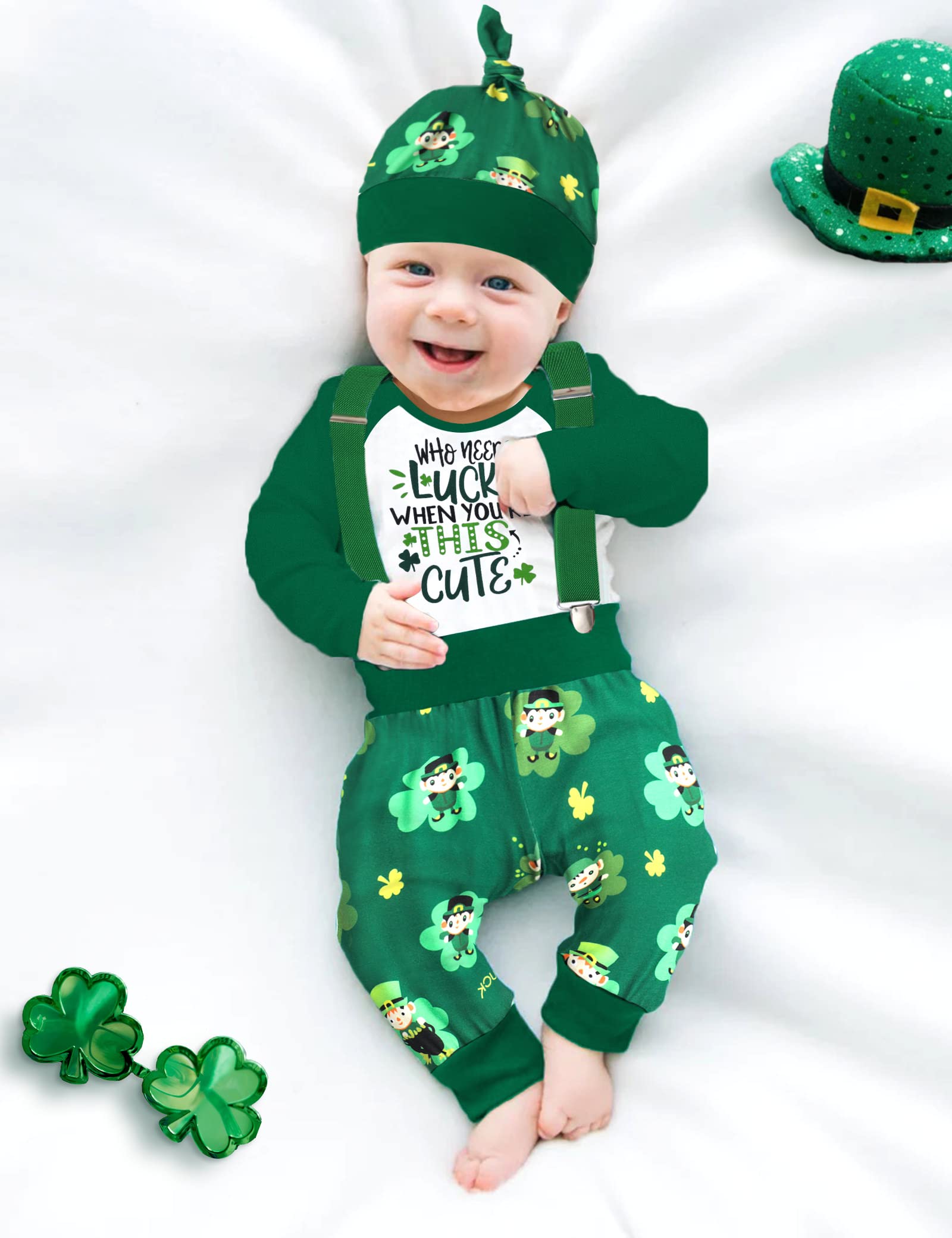 Queenstyle St Patricks Day Baby Boy Outfitt 3-6 Months My First St Patricks Day Baby Boy Outfit Romper Suspender Pants Print Hat 3Pcs Set