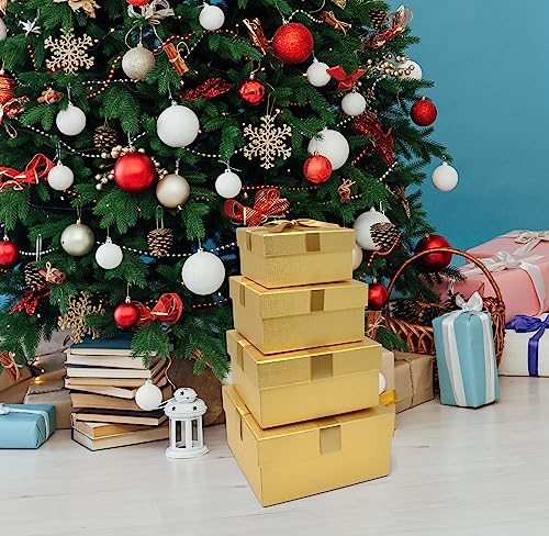 Set Of 4 Gold Square Gift Boxes with Ribbon Bow Assorted Sizes Nesting Christmas Box Durable Cardboard Reusable for Wrapping Gifts Holiday Wedding Present Bridesmaid Bridal and Baby Shower Anniversary