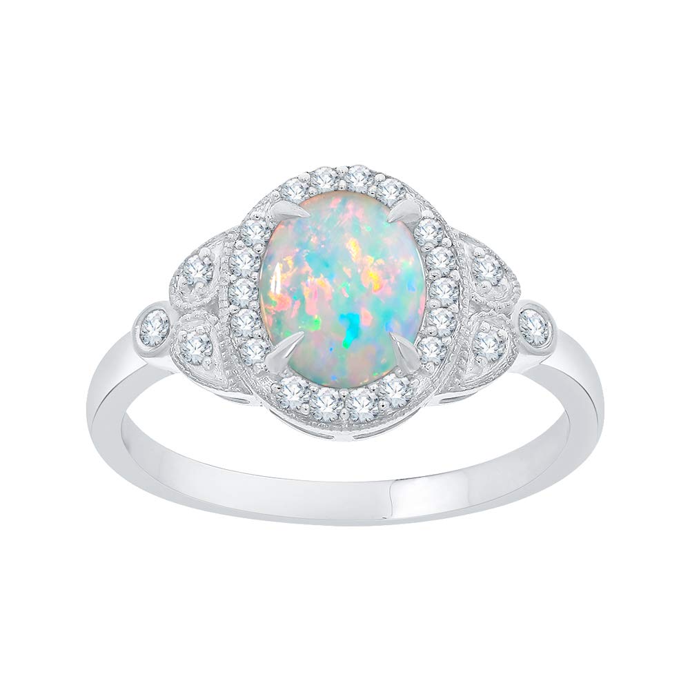 KATARINA Diamond and Oval Cut Opal Fashion Ring in Sterling Silver (1 cttw, J-K, SI2-I1) (Size-6)