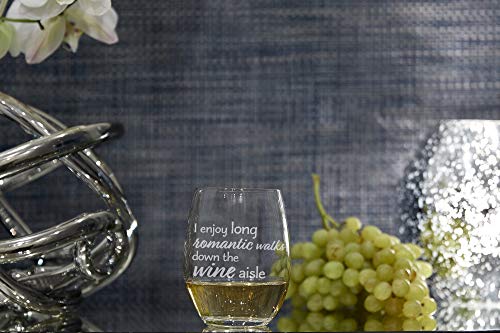 Lushy Wino – I Enjoy Long Romantic Walks Down The Wine Aisle – Cute, Novelty, Etched Stemless 18-Ounce Wine Glass with Funny Sayings in Gift Box