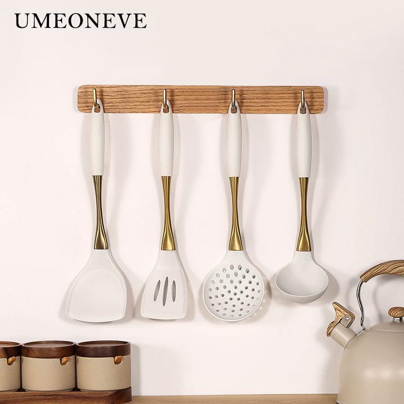 UMEONEVE White And Gold Silicone Cookware Set, 9-Piece, Universal Kitchen Utensils,gold with white kitchen utensils,Silicone Spatula Cooking Spoons for Nonstick Cookware Golden Stainless steel Handle