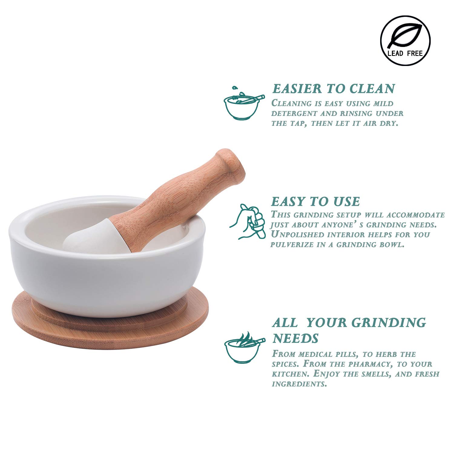 Porcelain Mortar and Pestle Set – Pill Crusher, Spice Grinder, Herb Bowl, Pesto Powder – Molcajete for Salt - Plus Lid/Non-Slip Base