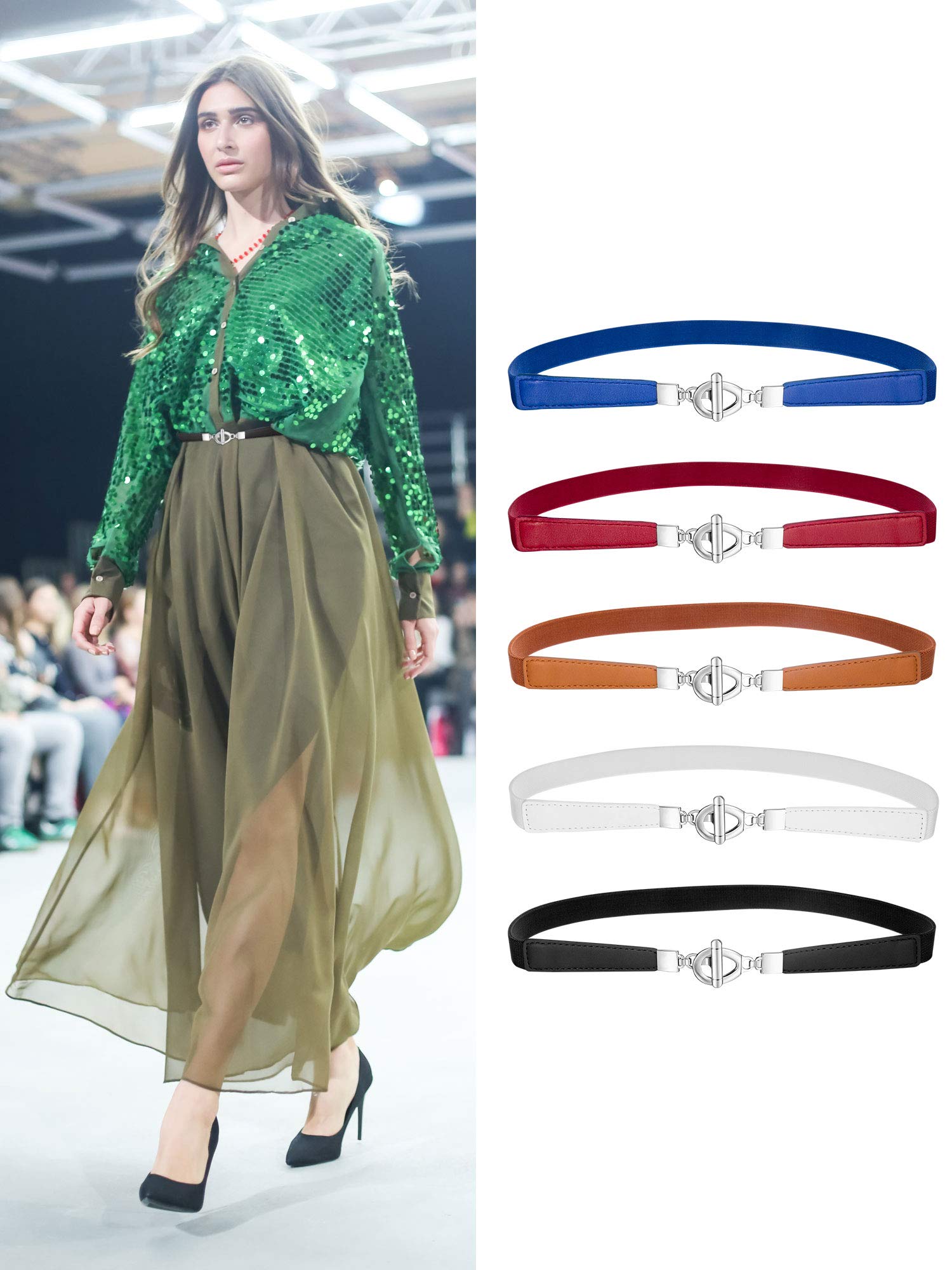 JOVITEC 5 Pieces Women Skinny Elastic Waist Belt for Dress Retro Stretch Cinch Adjustable Thin Belt Metal Buckle