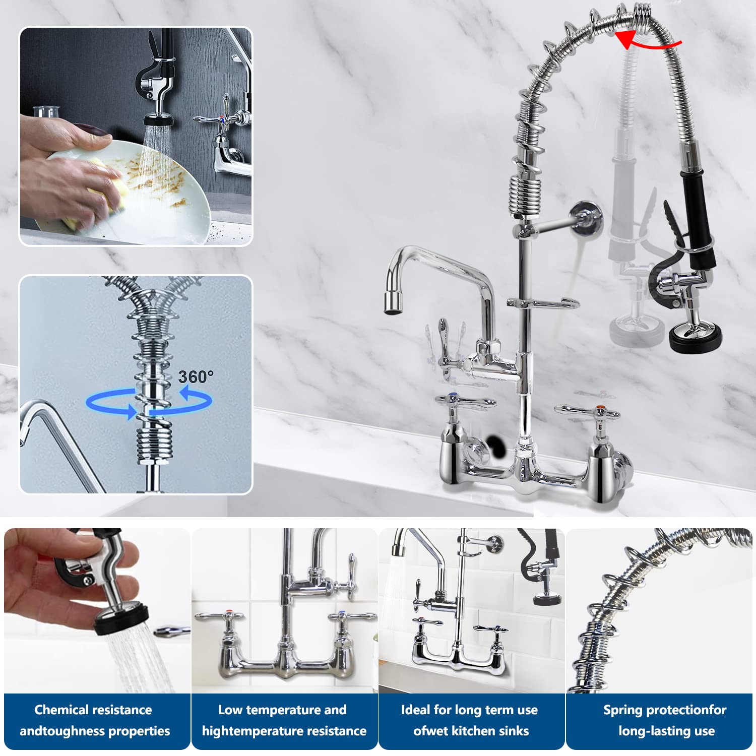 MYWHITENG Commercial Kitchen Faucet with Sprayer, 8 Inch Adjustable Wall Mounted Restaurant Faucets 12" Spout Pull-Down PreRinse Faucet 25” Height Suitable for 1, 2 or 3 Compartment Sink (Solid Brass)