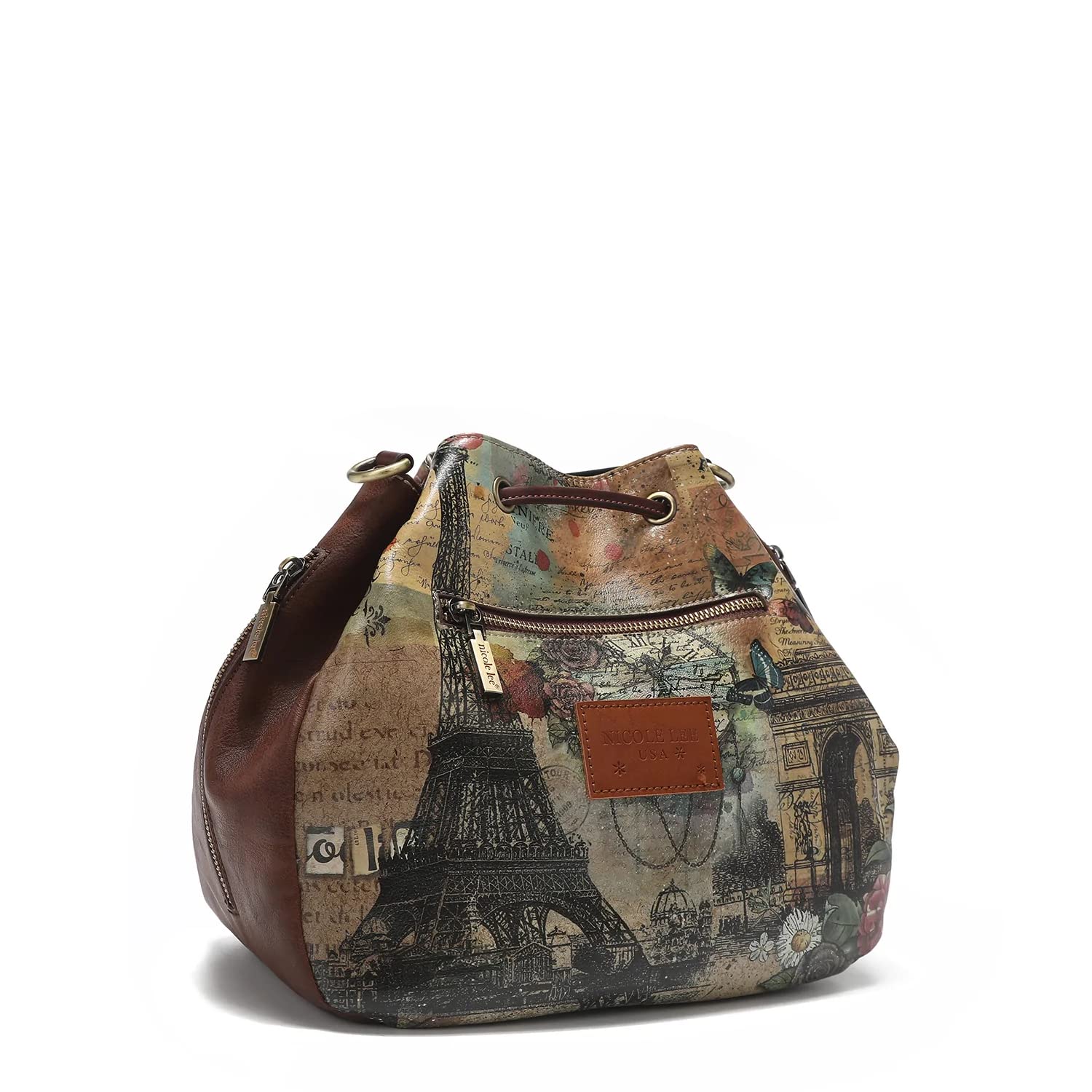 Nicole Lee Paris Fashion Week Medium Bucket Bag, Drawstring Crossbody, Butterfly Flower Embellishments, Multiple Pockets