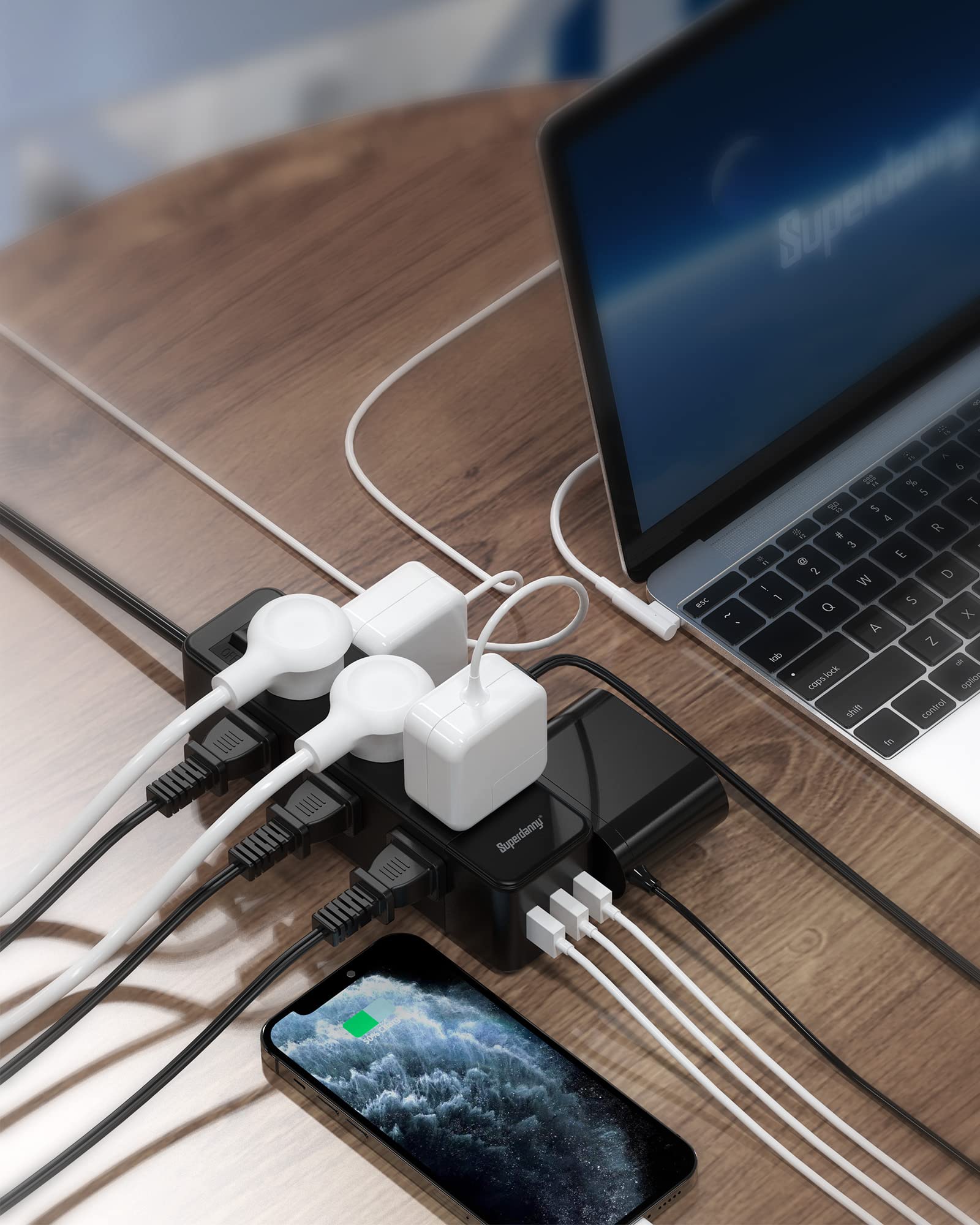 Power Strip Surge Protector, 9 Widely Spaced Outlets with 3 USB Ports, 3 Side Outlet Extender with 6.5 Ft Extension Cord, 1050 Joules, Flat Plug, Wall Mount Charging Station for Home Office Dorm Black