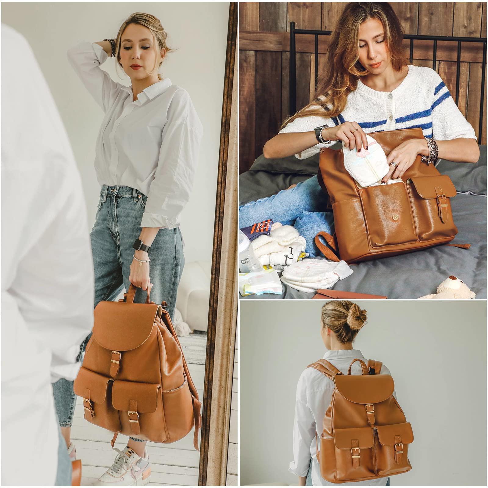 Omanmoli Diaper Bag Backpack Baby Diaper Bag, Leather Diaper Bag, Diaper Bag Organizer with 12 Organizing Pouches,Changing Pad,Shoulder Straps,Stroller Straps(Brown)