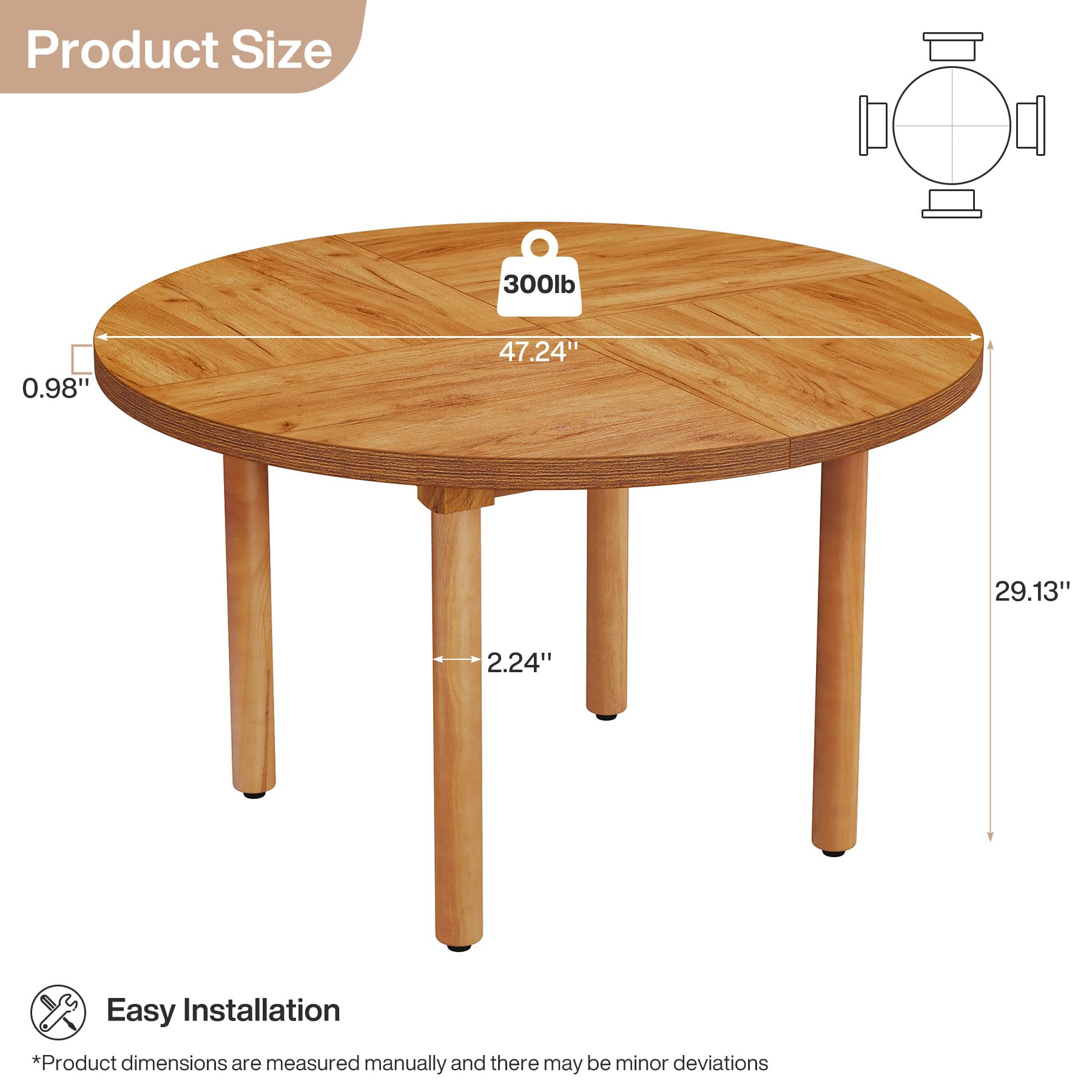 Tribesigns 47-Inch Wood Dining Table for 4, Farmhouse Round Kitchen Table with Sturdy Solid Wood Legs, Large Dinner Table Kitchen & Dining Room Furniture