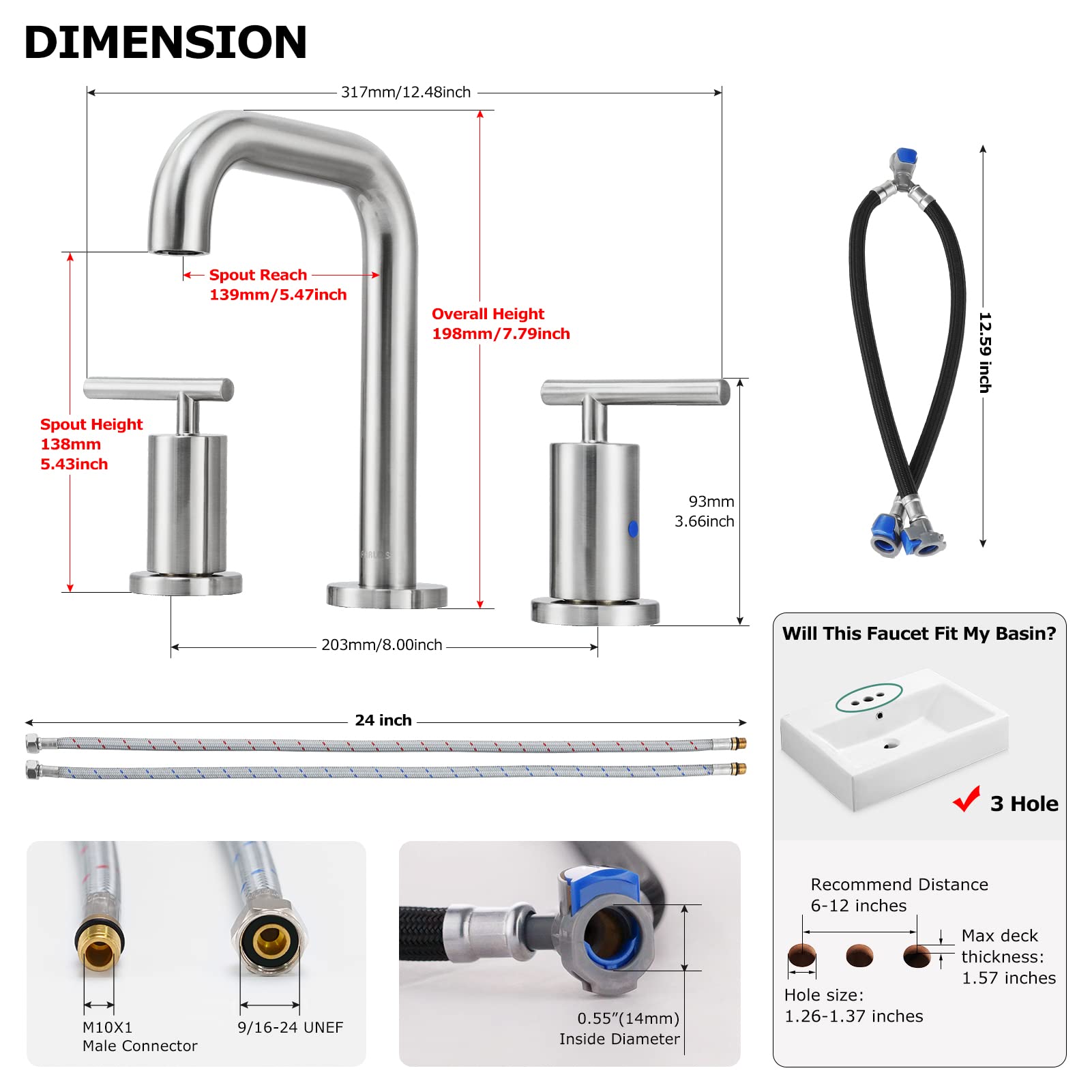 PARLOS Brushed Nickel 8 inch Widespread Bathroom Sink Faucet 3 Hole Vanity Faucet with cUPC Faucet Supply Lines, 1.2GPM