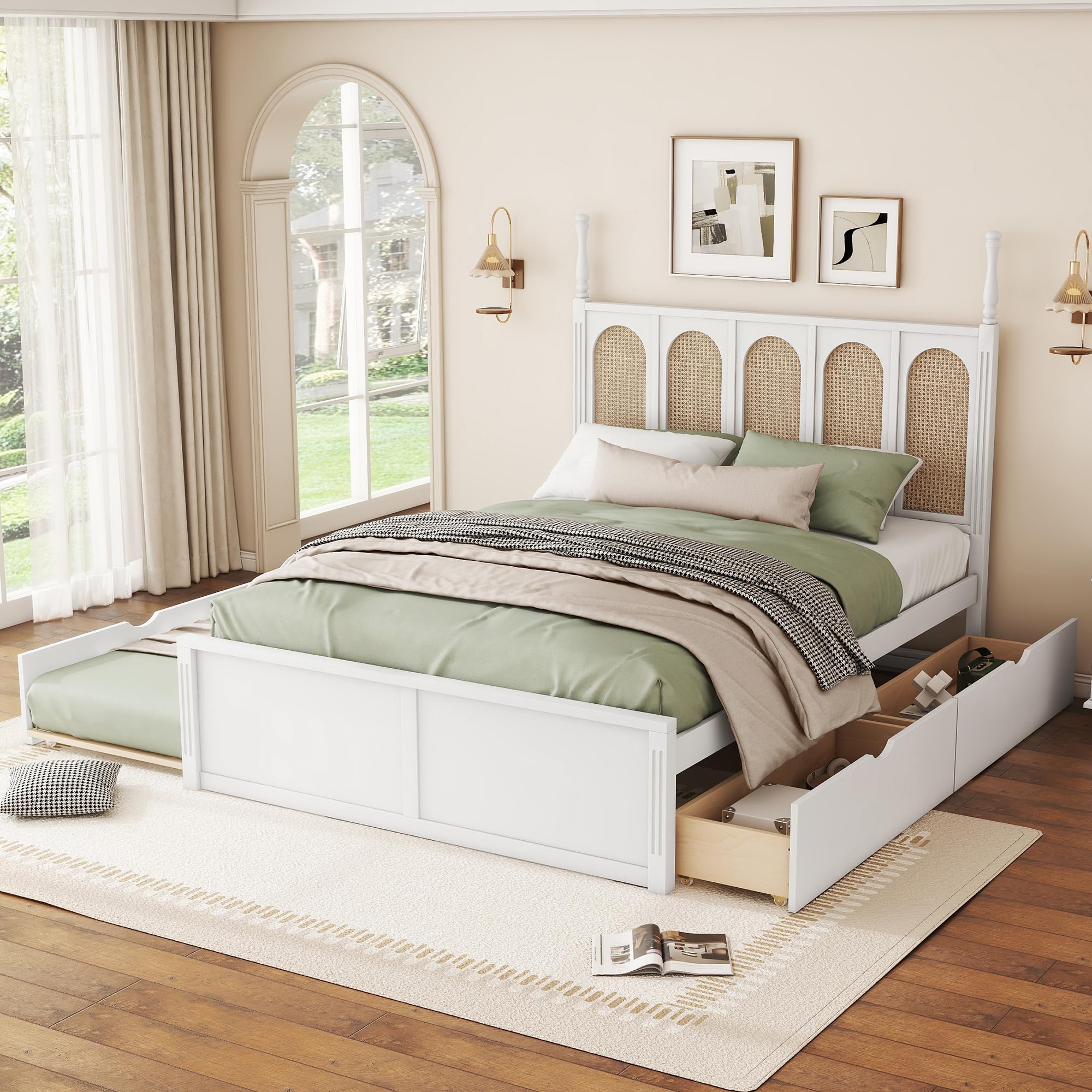 SOFTSEA Queen Size Platform Bed with Trundle and 2 Storage Drawers, Wood Platform Bed with Rattan Headboard, Rattan Bed Frame with Wood Support Slats, No Box Spring Needed, White