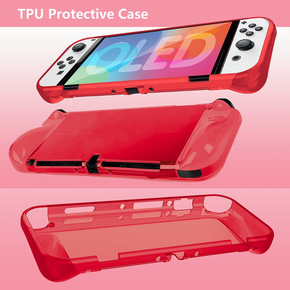 omarando TPU Case Cover Accessories Kit for Nintendo Switch (OLED Model),Shoulder Bag for Switch ,with Tempered Glass Screen Protector ,Thumb Grip Caps . Game Card Case (Transparent Red)