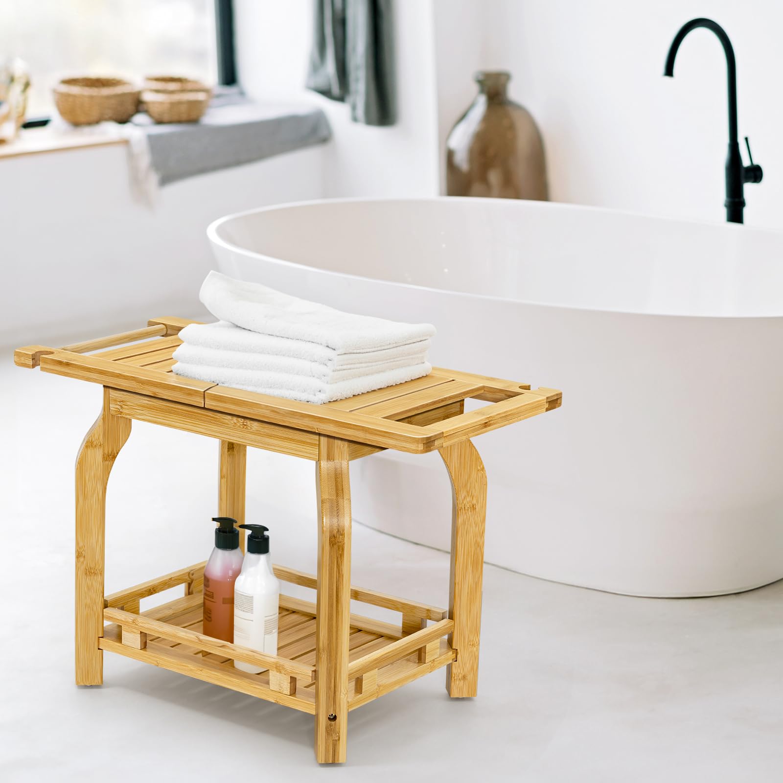 TEAKMAMA 2-Tier Bamboo Shower Bench, 25" Waterproof Shower Stool with Storage Shelf, Shower Chair Bath Seat with Handle for Bathroom Bathtub Elderly Disabled