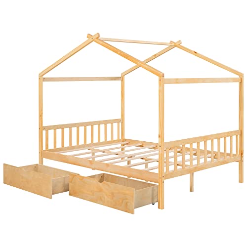 RUNWON Full Size House Platform Bed with Two Drawers,Headboard and Footboard,Roof Design for Kids Adults Bedroom