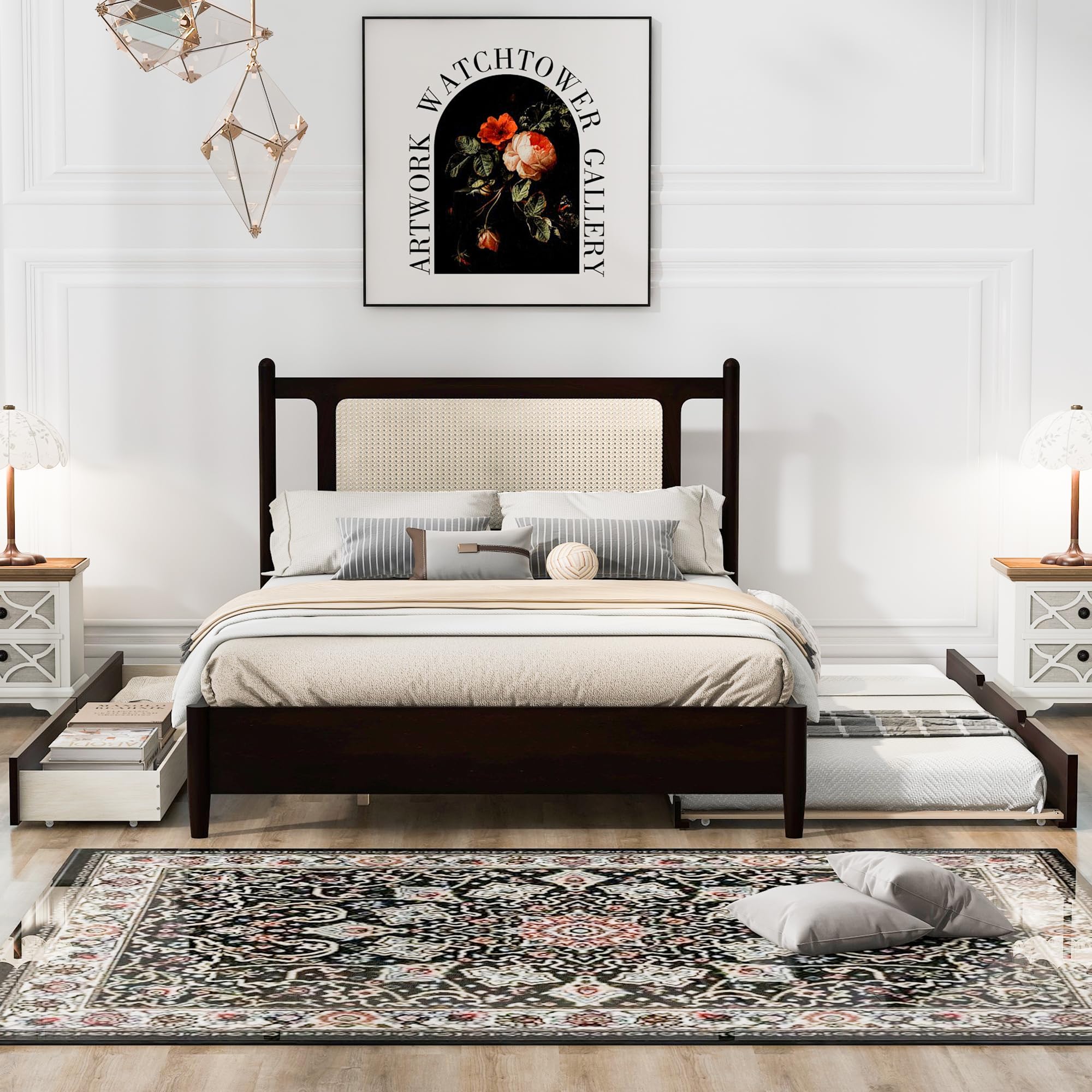 SOFTSEA Queen Size Rattan Bed, Platform Bed with Storage Drawers and Trundle, Wood Platform Bed with Rattan Headboard, No Box Spring Needed, Brown