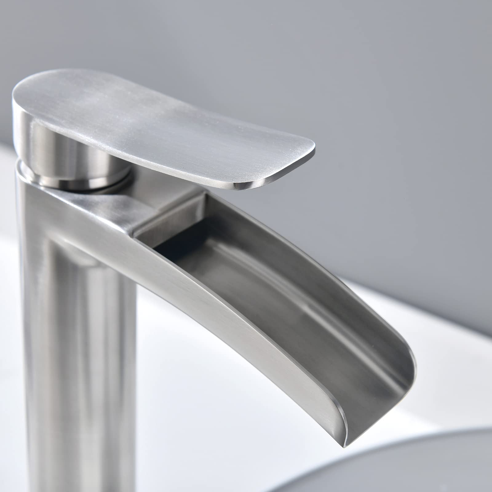 Phiestina Brushed Nickel Tall Bathroom Vessel Sink Faucet, Single Hole Single Handle Waterfall Modern Bathroom Faucet, with Pop Up Drain and Water Supply Line, NS-SF01-BN-V