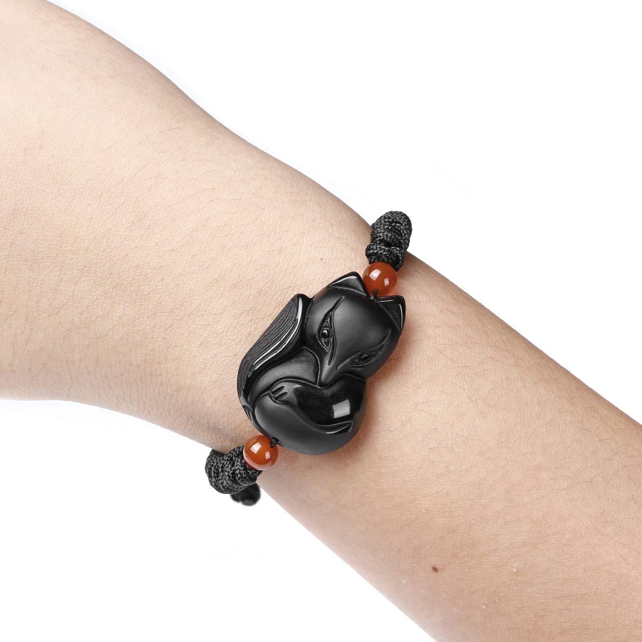 Jovivi Natural Black Obsidian Stone Gemstone Fox Crystal Bracelet Braided Rope Amulet Charm Bracelet for Wealth
