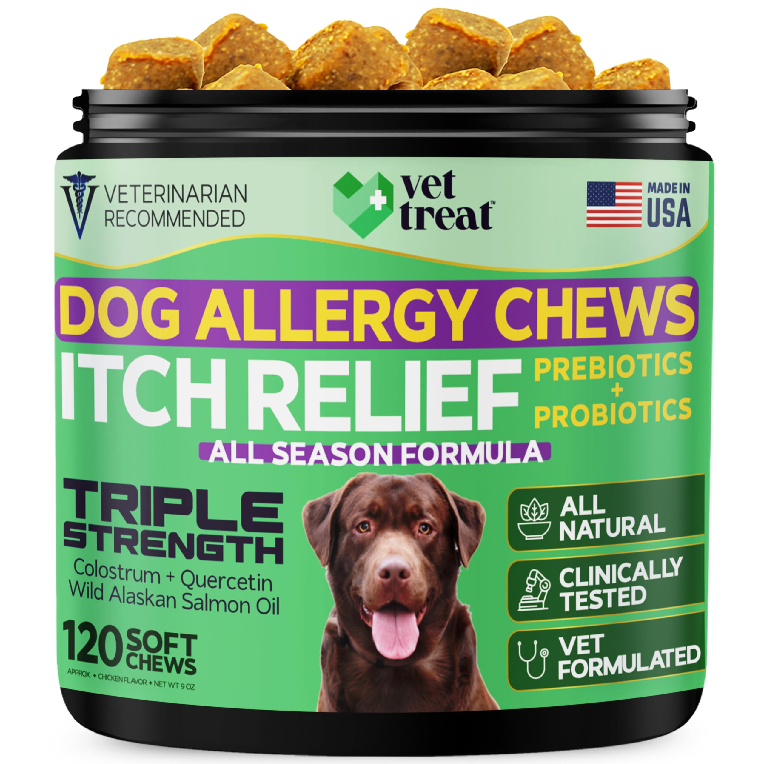 Vet Treat - Dog Allergy Relief Chews -Made in USA- Probiotics & Salmon Oil - Itch Relief, Hot Spots, Dry Skin, Seasonal Allergy - Anti Itch Skin & Coat Supplement for Dogs - 120 Soft Treats (Chicken)