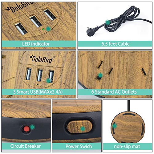 Power Strip Surge Protector 6 AC outlets with 3 USB Ports Charging Station Long Extension Cord Right Angle Flat Plug Widely Spaced Multi Outlets Circuit Breaker Safeguard for Home,Office, Dorm Room