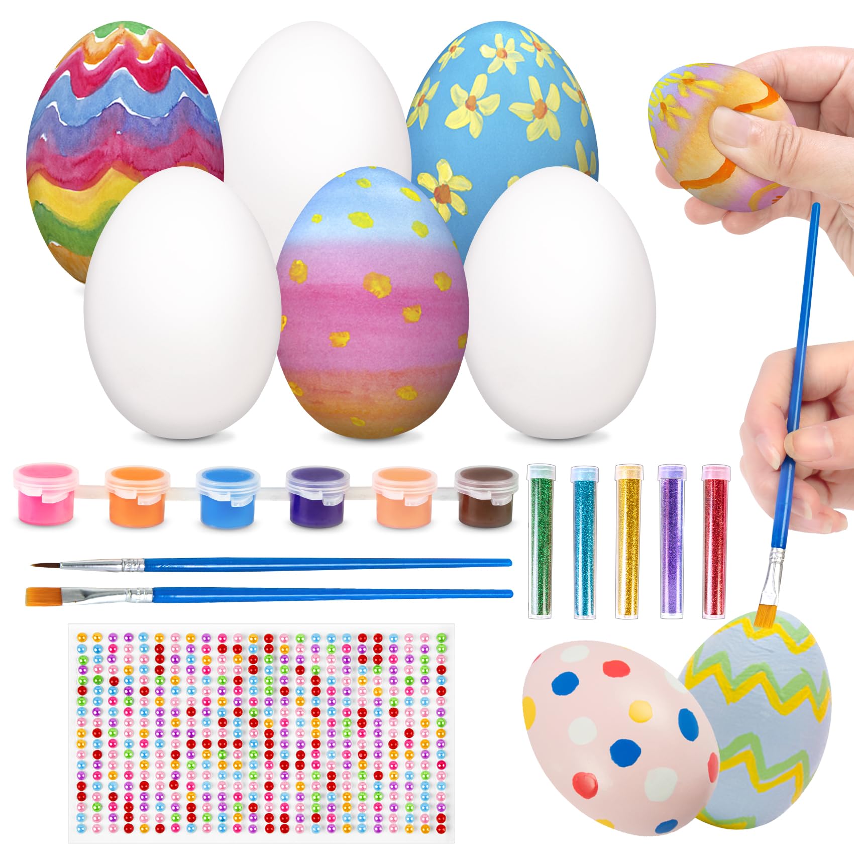 Ouddy Life Easter Crafts for Kids, Egg Painting Kit White Easter Eggs Arts and Crafts for Girls Boys 6 Slow Rising Squishies Toys Easter DIY Gifts Crafts Art Activities Basket Suffers