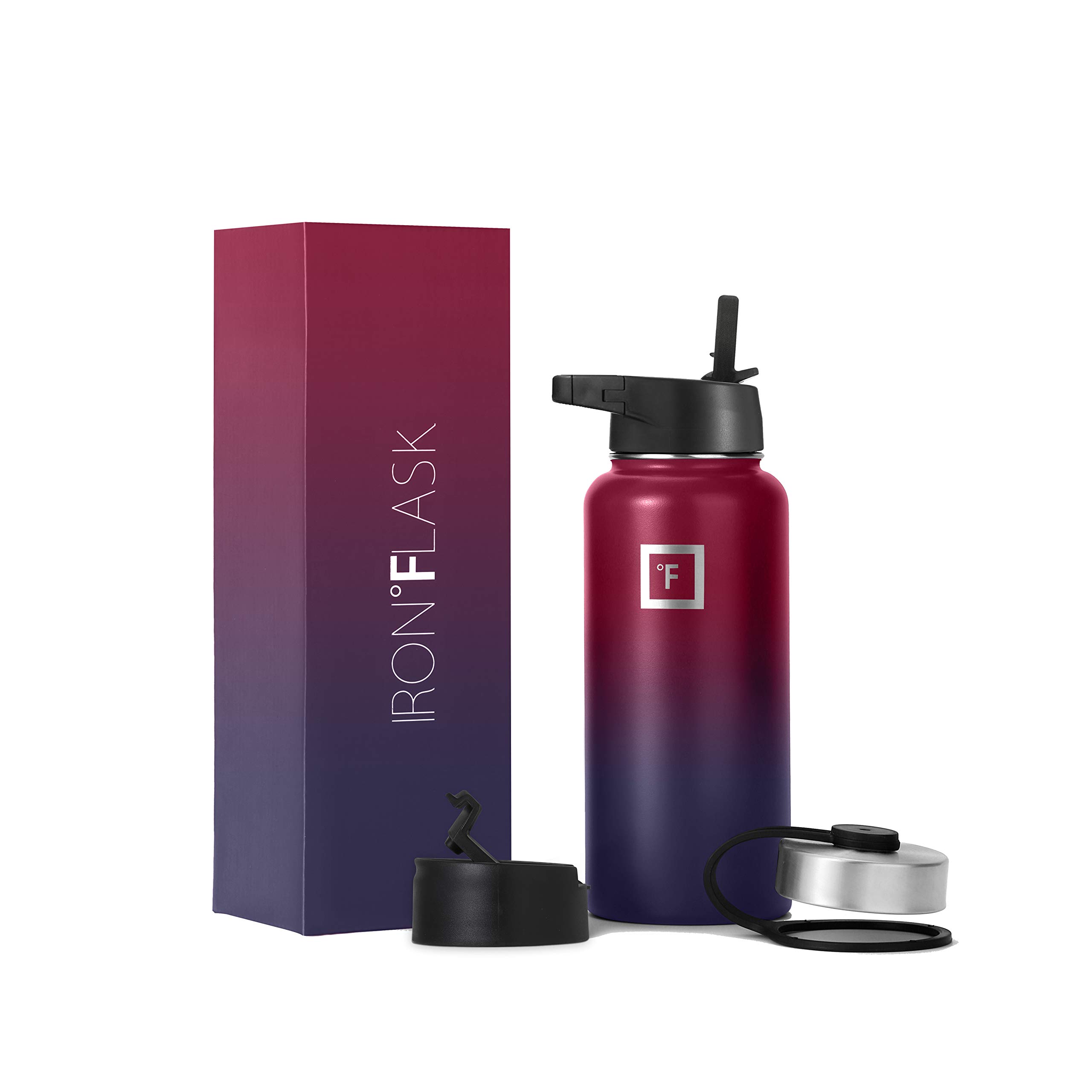 IRON Β°FLASK Sports Water Bottle - Wide Mouth with 3 Straw Lids - Stainless Steel Gym & Outdoor Bottles for Men, Women & Kids - Double Walled, Insulated Thermos, Metal Canteen - Dark Rainbow, 32 Oz