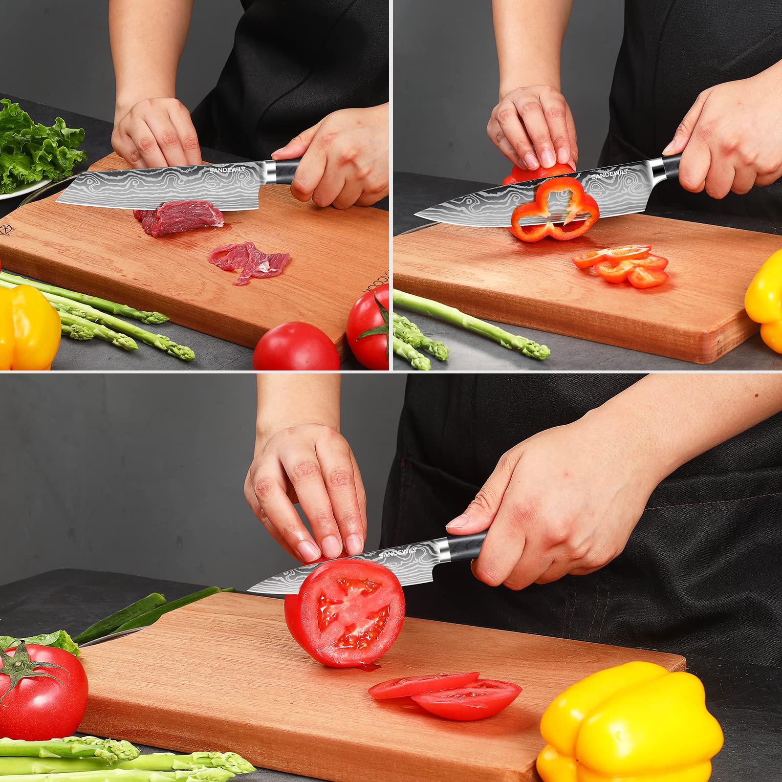 SANDEWILY 3 Piece Japanese Ultra Sharp Kitchen Chef Knife Set Pro German High Carbon Stainless Steel(7CR17MOV) with Sheaths & Gift Box Black Handle