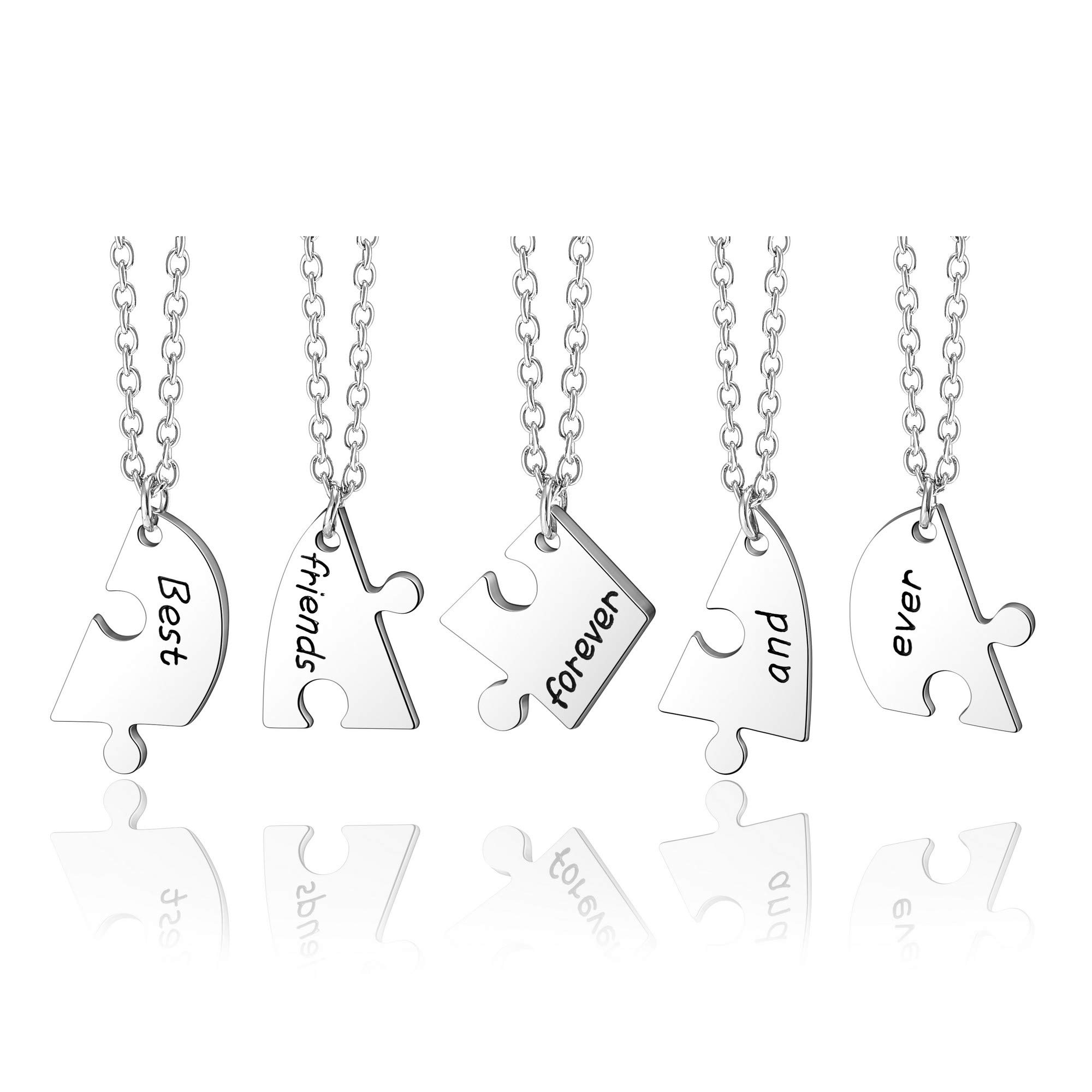 Jovivi Silver Tone Alloy BFF Necklace Best Friends Forever and Ever Heart Puzzle Piece Matching Necklaces Set of 5