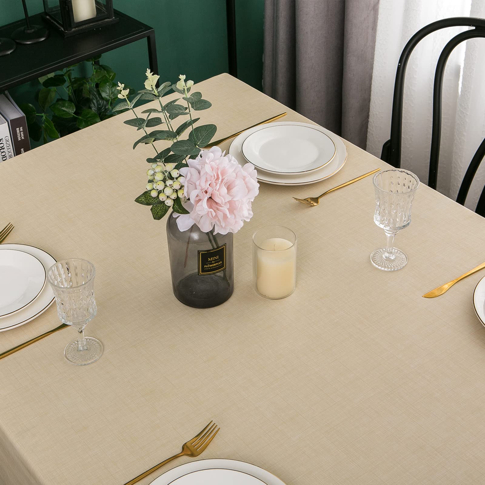 LIBERECOO Vinyl Tablecloth with Flannel Backing Waterproof Oil-Proof Plastic Table Cloth Wipeable PVC Table Cover for Indoor and Outdoor (Champagne Color, 60 x 84 Inch (6-8 Seats))