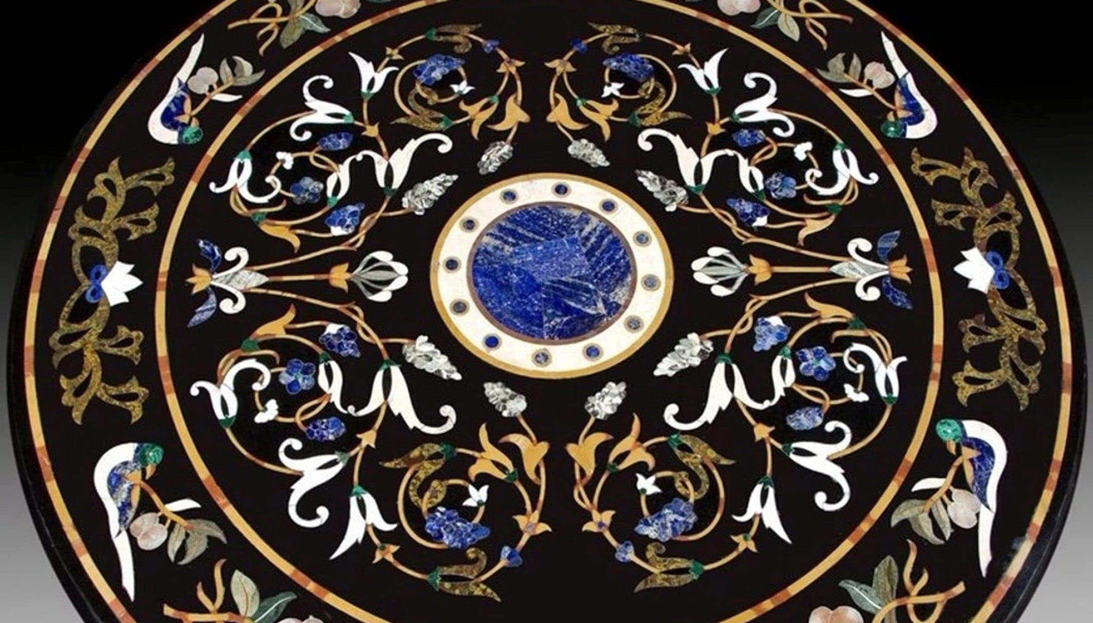 Natural Black Marble Round 24" x 24" Inch Coffee Table Top, Pietra Dura Semi Precious Stones Inlay Centre Table Top, Patio Table Top, Side Table Top, Piece Of Conversation, Family Heir Loom