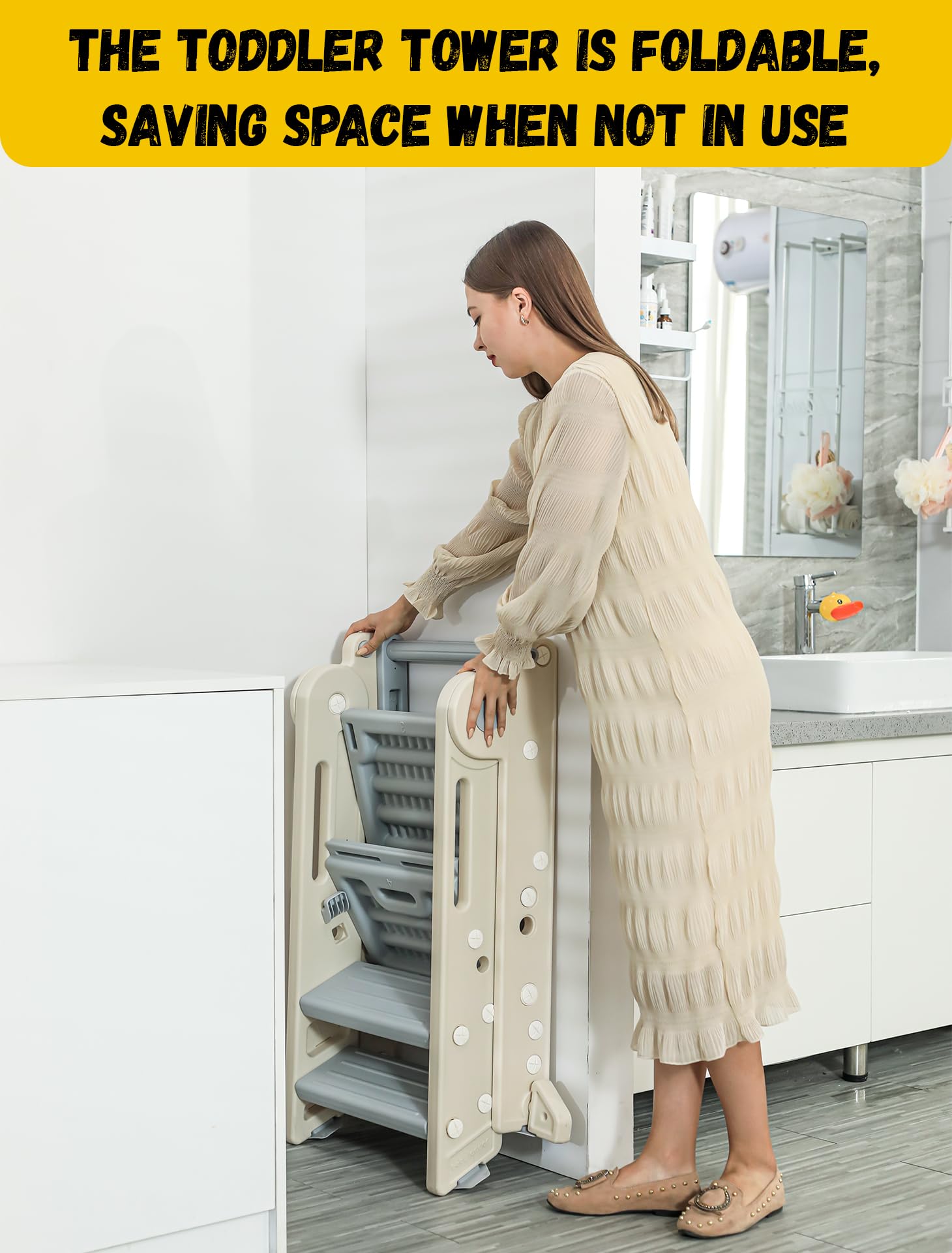 Toddler Standing Tower, Childs Kitchen Stool for Helping,Safety Rail, 2-3 Step Adjustable Ladder for Bathroom Sink & Kitchen Tower -Ages 18 Months to 4 Years (Yellow White)