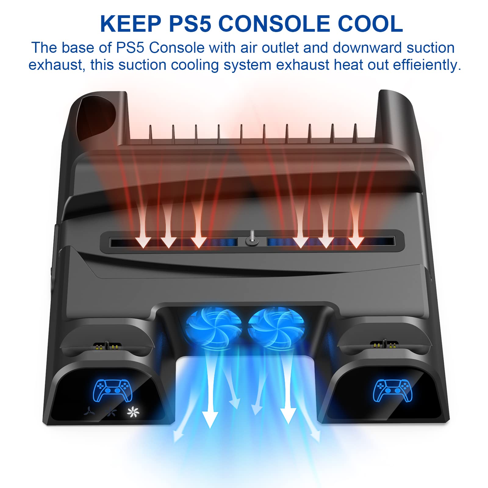 PS5 Stand with Cooling Station and Controller Charger PlayStation 5 Dual Controller Charger Station for PS5 Console with 3 Levels Adjustable Fans Speed and USB Ports 11 Games Storage