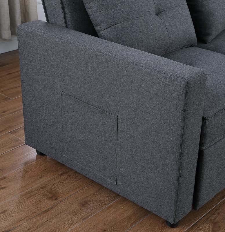 Rovinj Contemporary Convertible Sleeper Sofa with Side Pocket in Linen Fabric (Dark Gray)