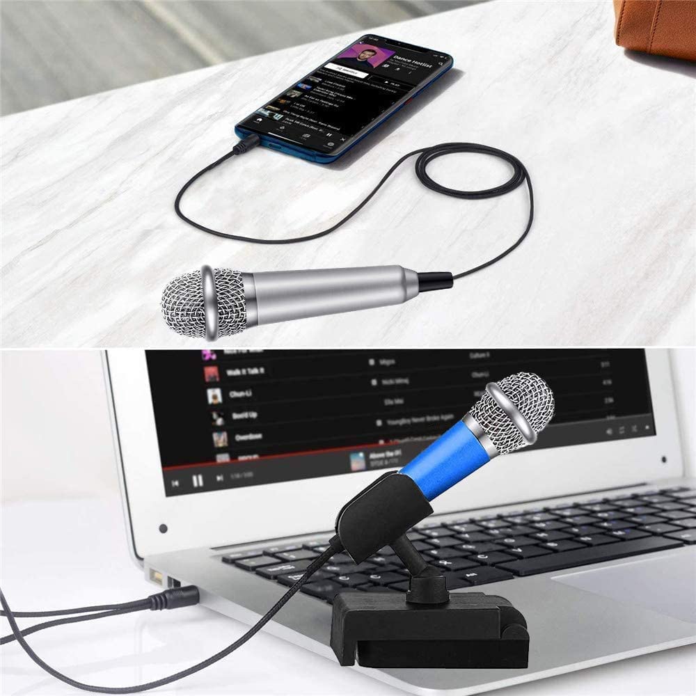 Mini Microphone Tiny Microphone Karaoke Tiny Portable Vocal and Recording for Mobile Phone Laptop Notebook Apple iPhone Samsung Android(2psc Blue Silver)