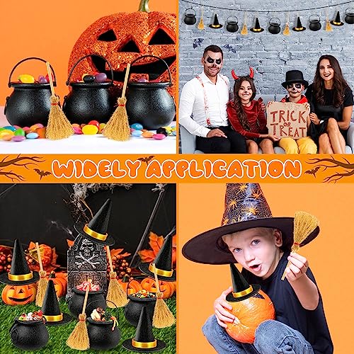 ZHWKMYP Mini Witch Hats and Brooms, 12Pcs Small Witch Hat for Crafts Kit, Witches Broom and Black Candy Cauldron Kettles for Halloween Decorations Party Supplies