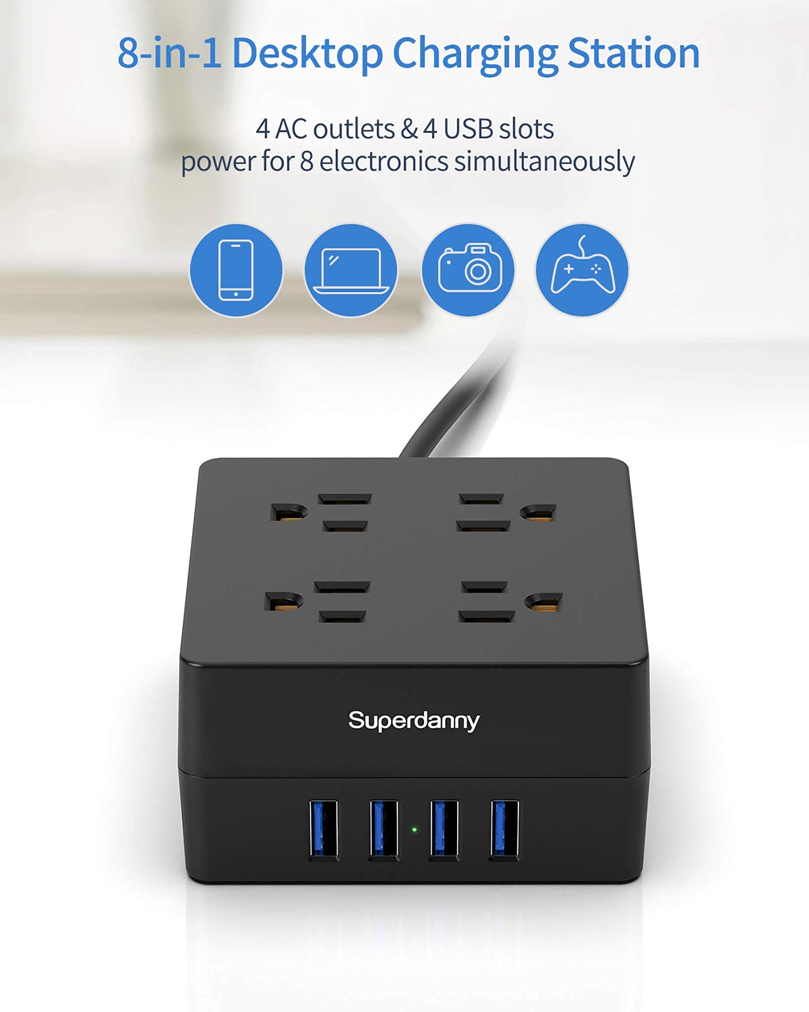 Power Strip, SUPERDANNY Surge Protector, Desktop Charging Station, 4 Outlets, 4 USB Ports, 900 Joules, 5 Ft Extension Cord, Grounded, 3-Prong, Wall Mount, for Home, Office, Hotel, Dorm