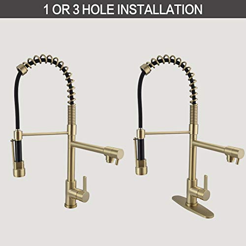 SHAMANDA Commercial Pre-Rinse Kitchen Faucet, High Arc Kitchen Sink Faucet with Pull Down Spring Spout and Pot Filler, Brushed Gold, L40001-3