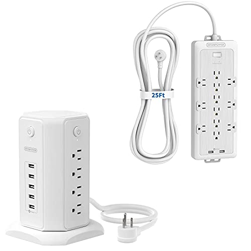 Power Strip Tower, NTONPOWER Surge Protector Power Strip Flat Plug Extension Cord 6ft, 8 Outlet 5 USB Desktop Charging Station, Individual Switches, UL Listed, 1080 J, Circuit Breaker, for Home Office
