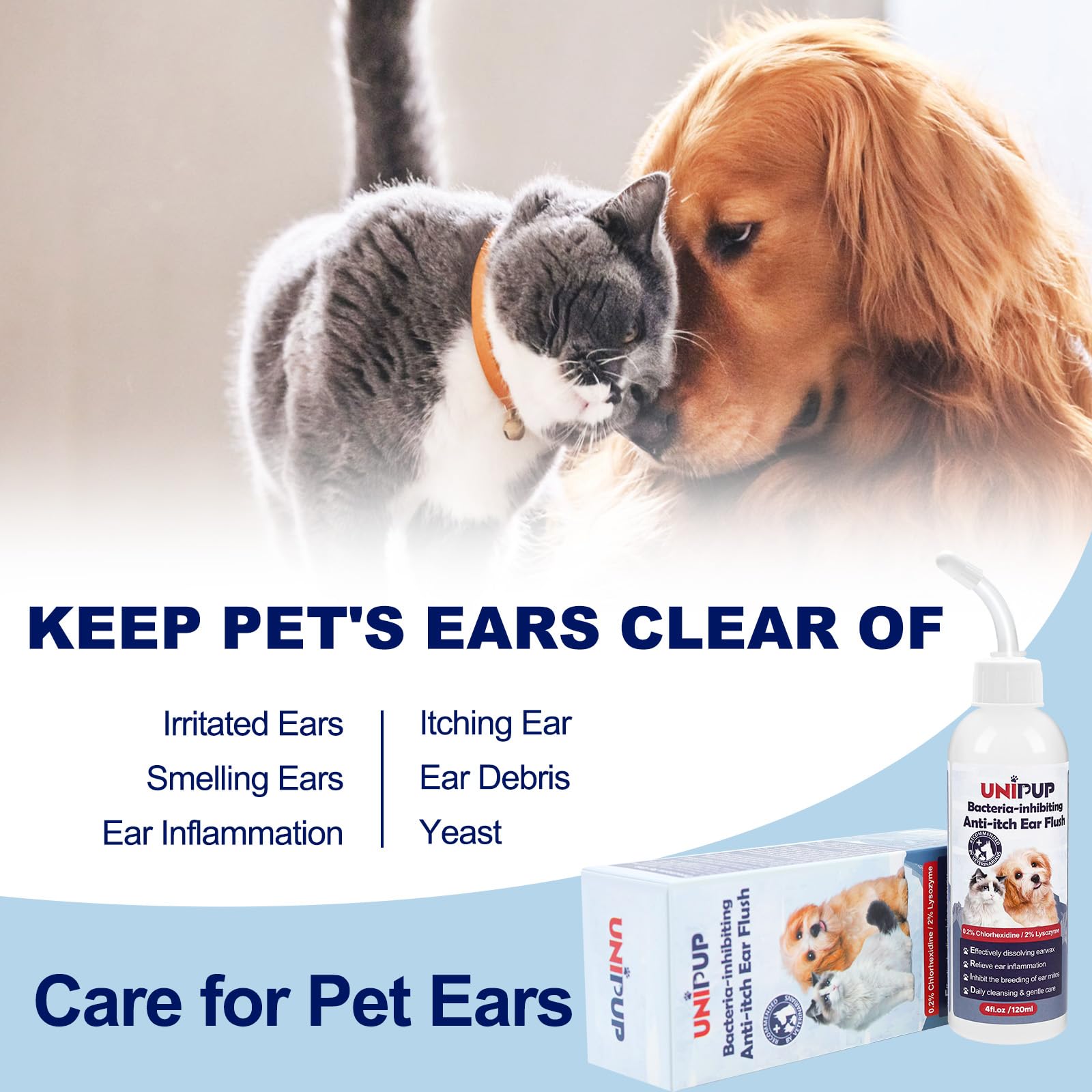 UNIPUP Dog Ear Cleaning Solution,Ear Infection Treatment for Dogs & Cats to Mitigate Itching, Inflammation, and Odor for Maintaining Ear Hygiene, with 30 Cotton Swabs, 4 oz