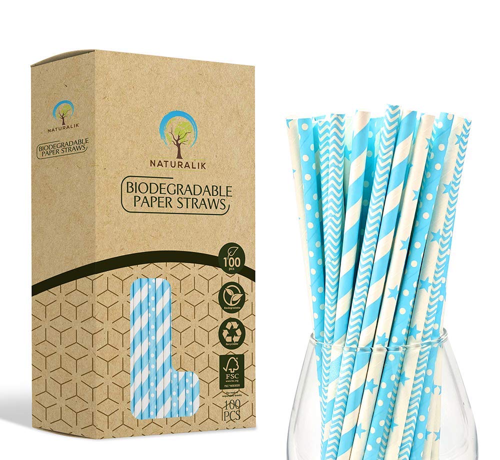 Naturalik 100-Pack Light Blue Biodegradable Paper Straws- Extra Durable- Baby Shower decorations for boy, gender reveal party supplies, birthday party straws, Blue Paper Straws