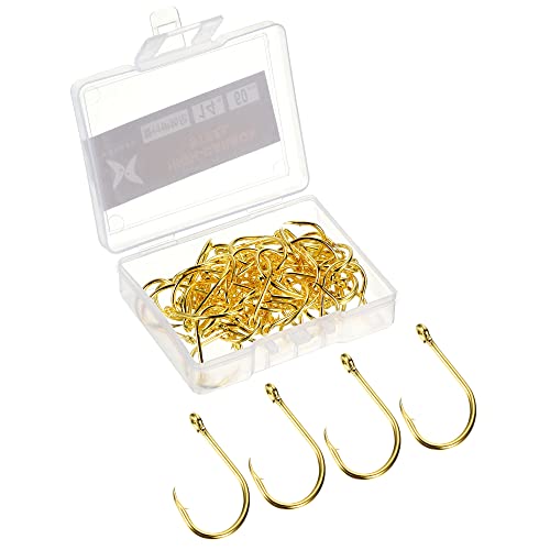 PATIKIL 14# Catfish Hooks, 60 Pack 0.55" Claw Fish Hook Fishing Hook High Carbon Steel J Shaped with Barbs for Freshwater Saltwater, Gold Tone