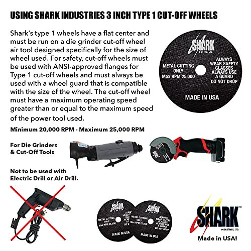 Shark Industries PN-26-6 Die Grinder Cut-Off Wheels - 6 Pack, 3-Inch x 1/32β x 3/8β Shark Type-1 Double-Reinforced Thin Wheels, 54 Grit, Maximum RPM 25,000 (6 Cutting Discs)