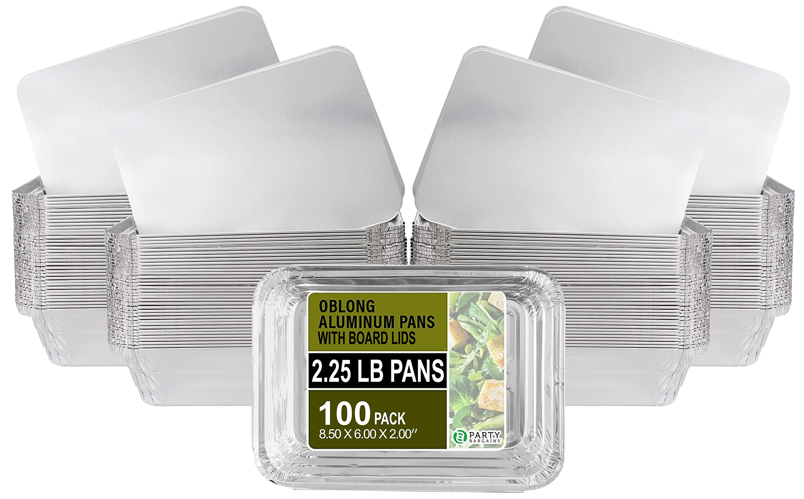 PARTY BARGAINS 2.25 Lb. Aluminum Pans with Lids - Set of 100 Pack with Board Lids, 8" x 6" Disposable Roasting and Steam Table Pans for Catering, Take-Out, Meal Prep (Max 240°C)