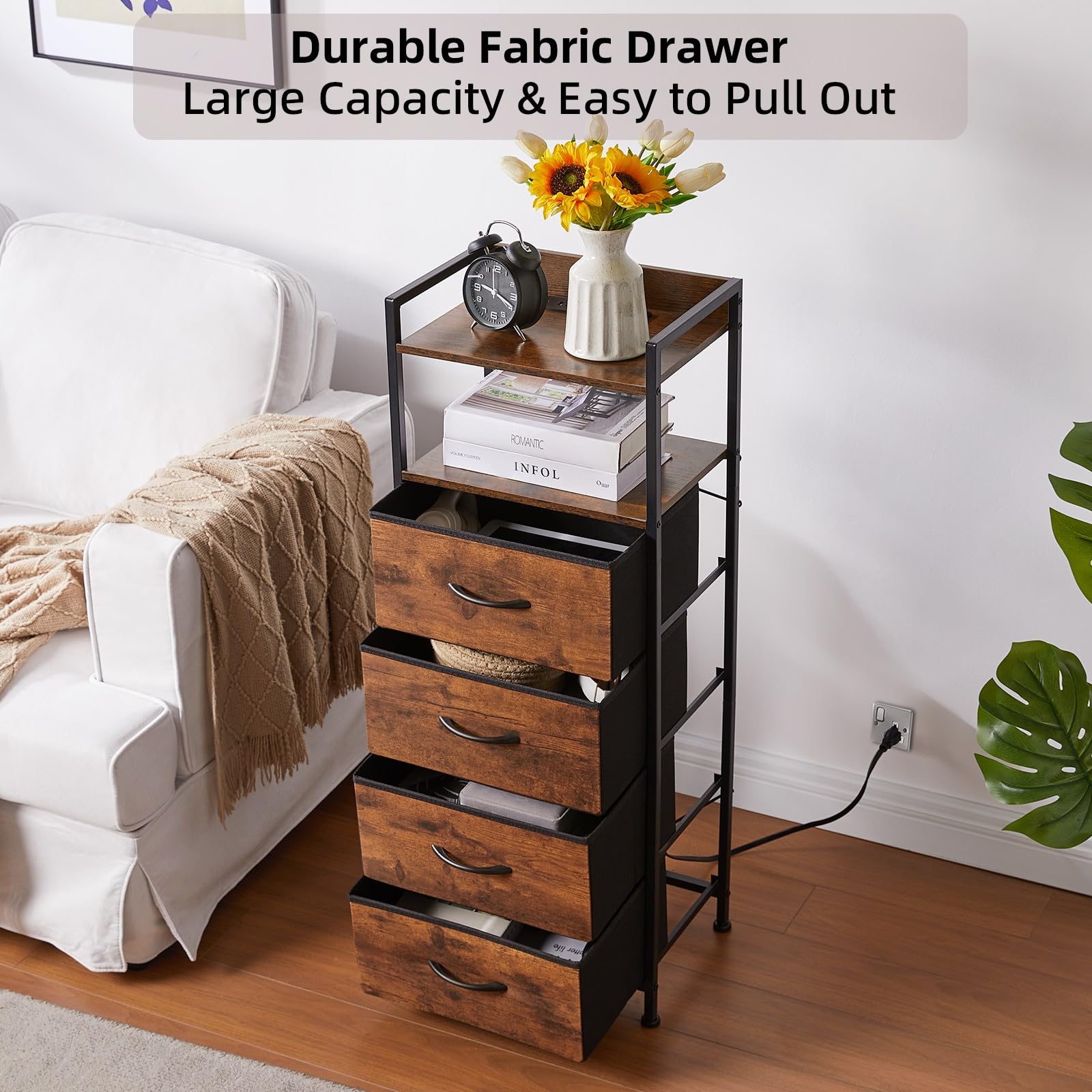 Somdot 4 Drawers Dresser with Charging Station and LED Light for Bedroom, Tall Nightstand with Removable Fabric Bins for Bedside Laundry Closet Entryway Hallway, Wood Grain Print