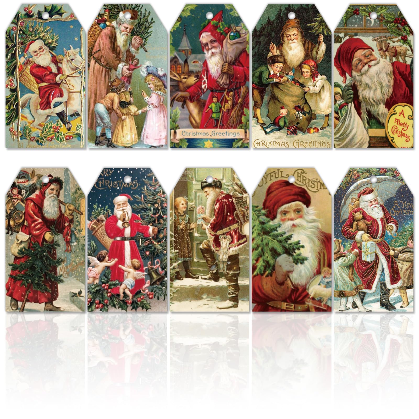 Whaline 120Pcs Vintage Christmas Paper Gift Tags with Hemp Rope Santa Hanging Tag with Pre-Punched Holes Xmas Favor Wish Labels, 10 Design