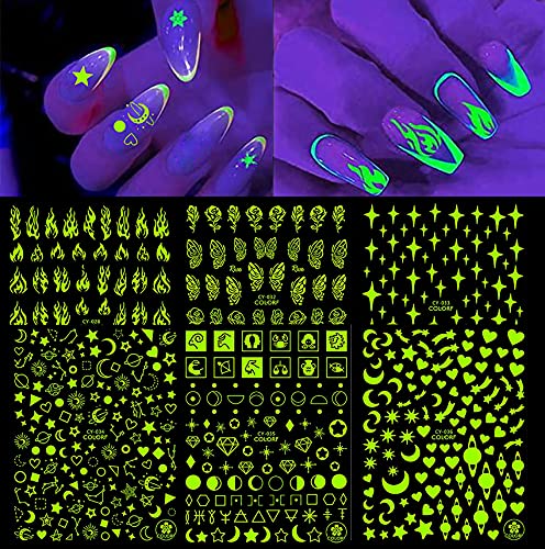 XJL 6 Sheets Luminous Flame Stars Moon Flowers Nail Art Stickers, 3D Self Adhesive Fire Constellation Star Butterfly Flower Heart Nail Design For Women Girls, Glow in Night, DIY Nail Decoration